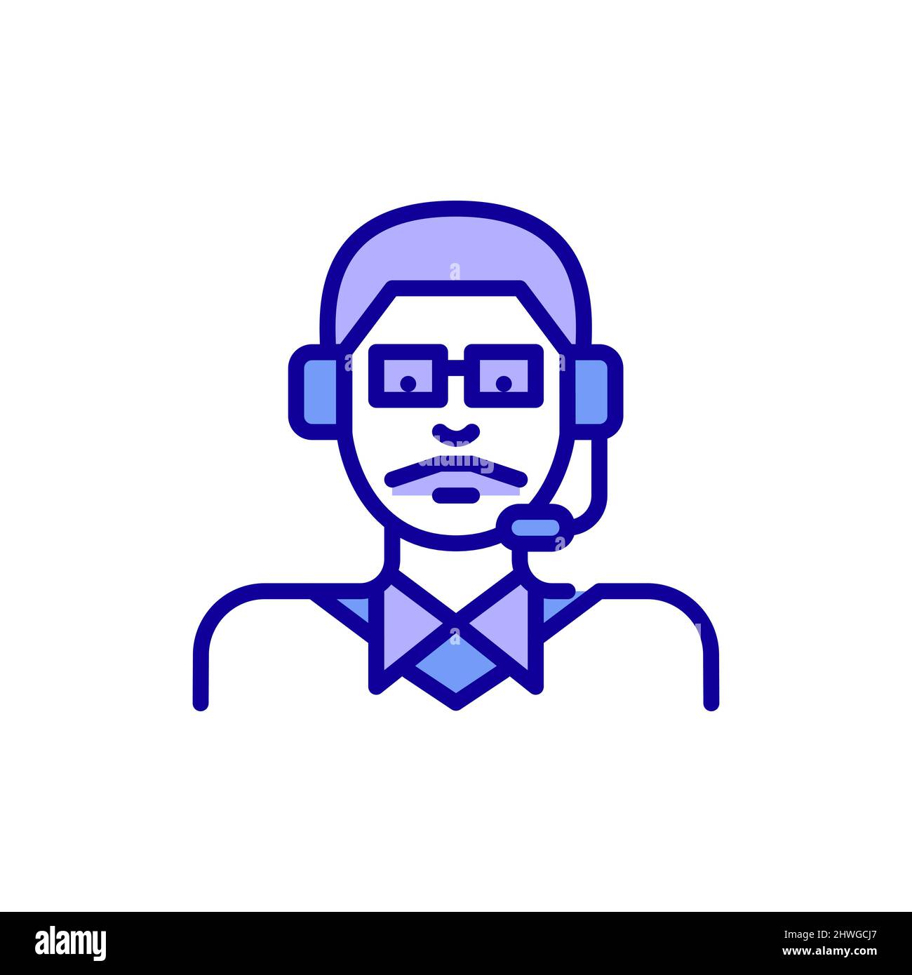 Young man with a moustache working as a support call center agent ...