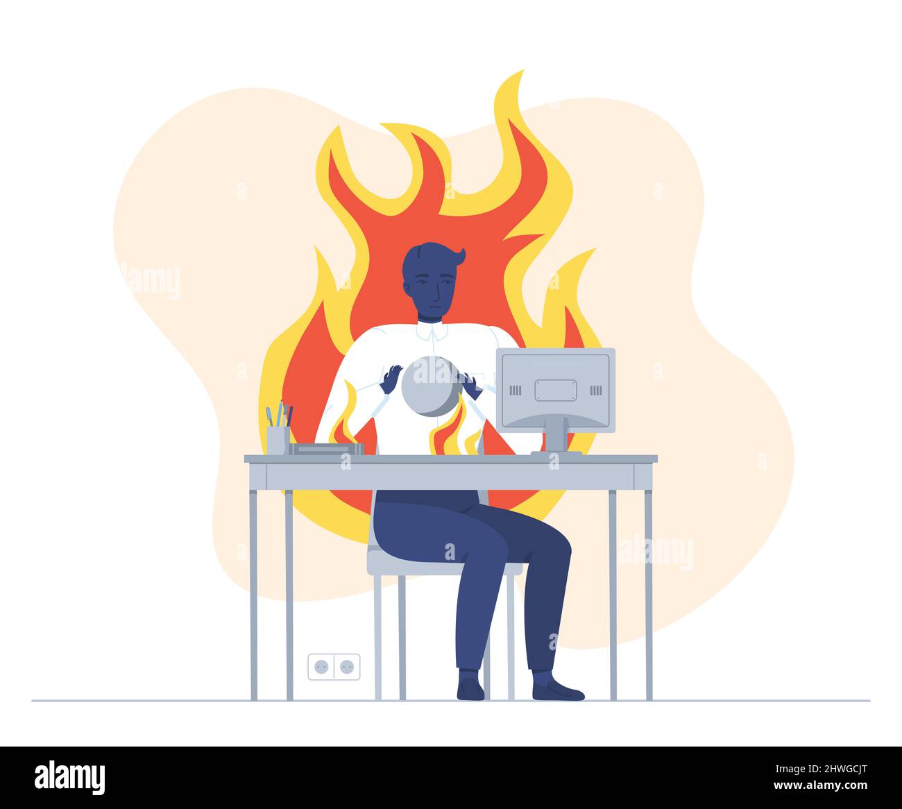 Proffesional burnout. Male in fire with hole in the chest sitting on ...