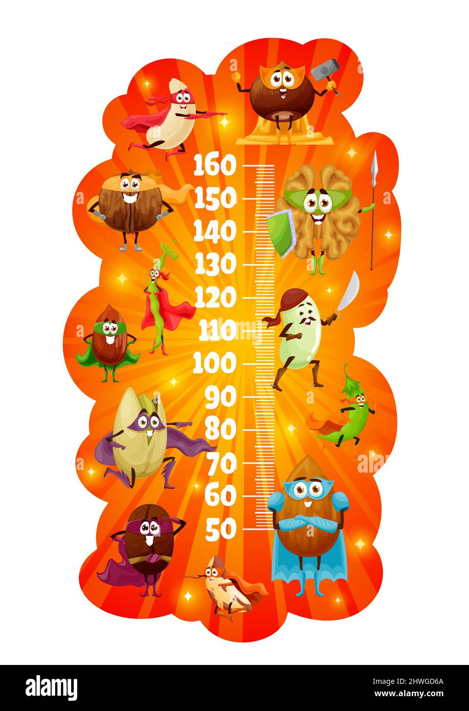 Kids height chart with nuts superhero characters, vector growth meter ...