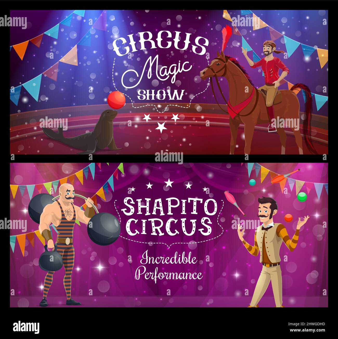 Shapito circus acrobat juggler, strongman and seal, vector funfair ...