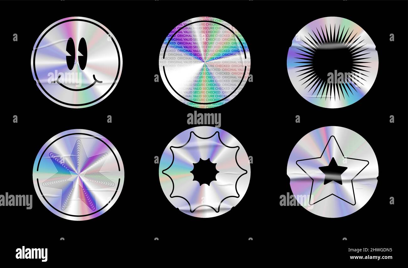 Holographic stickers with wrinkles set. Geometric shapes label with ... Holographic stickers with wrinkles set. Geometric shapes label with ...