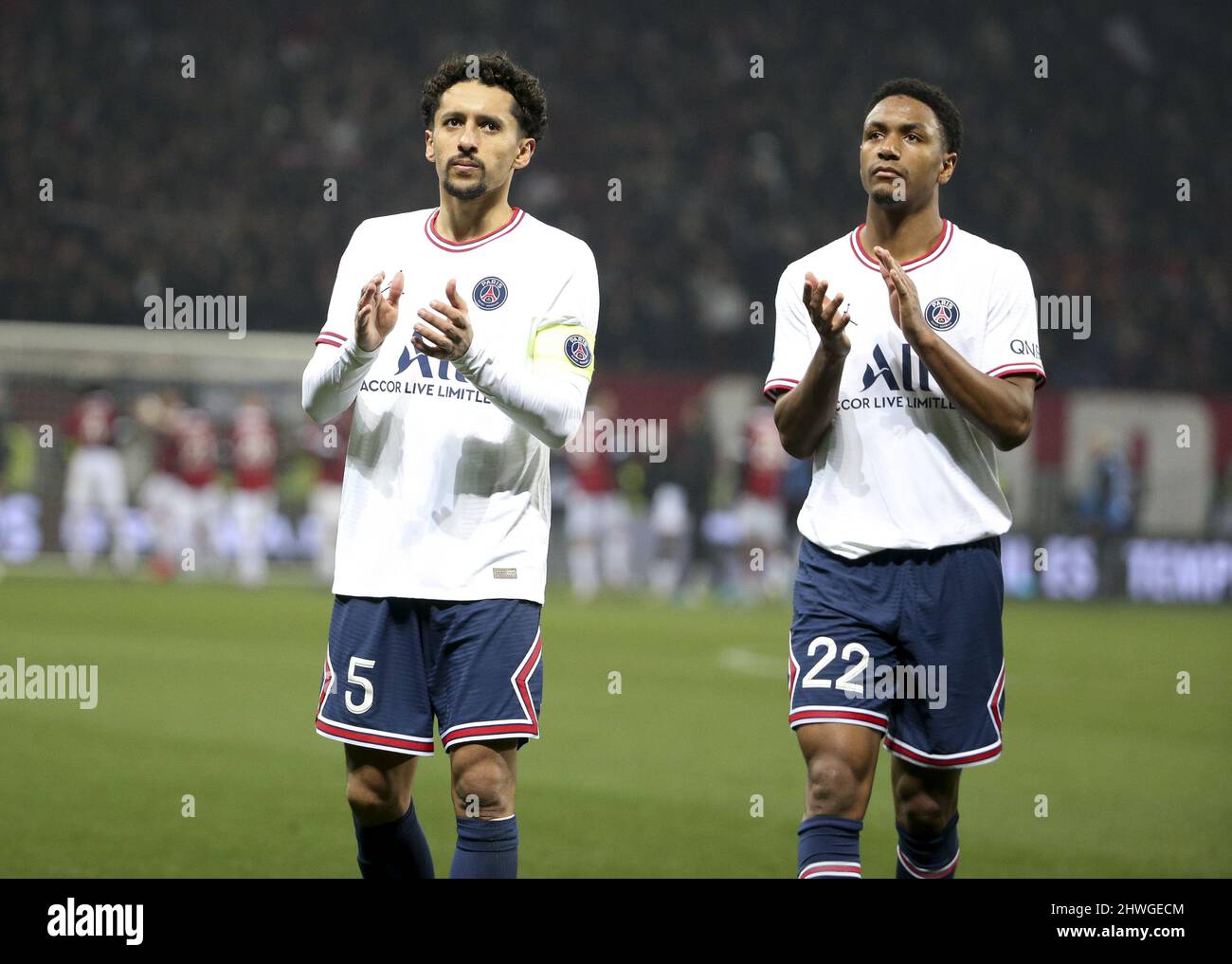 Marquinhos, Abdou Diallo of PSG salute their supporters following the ...