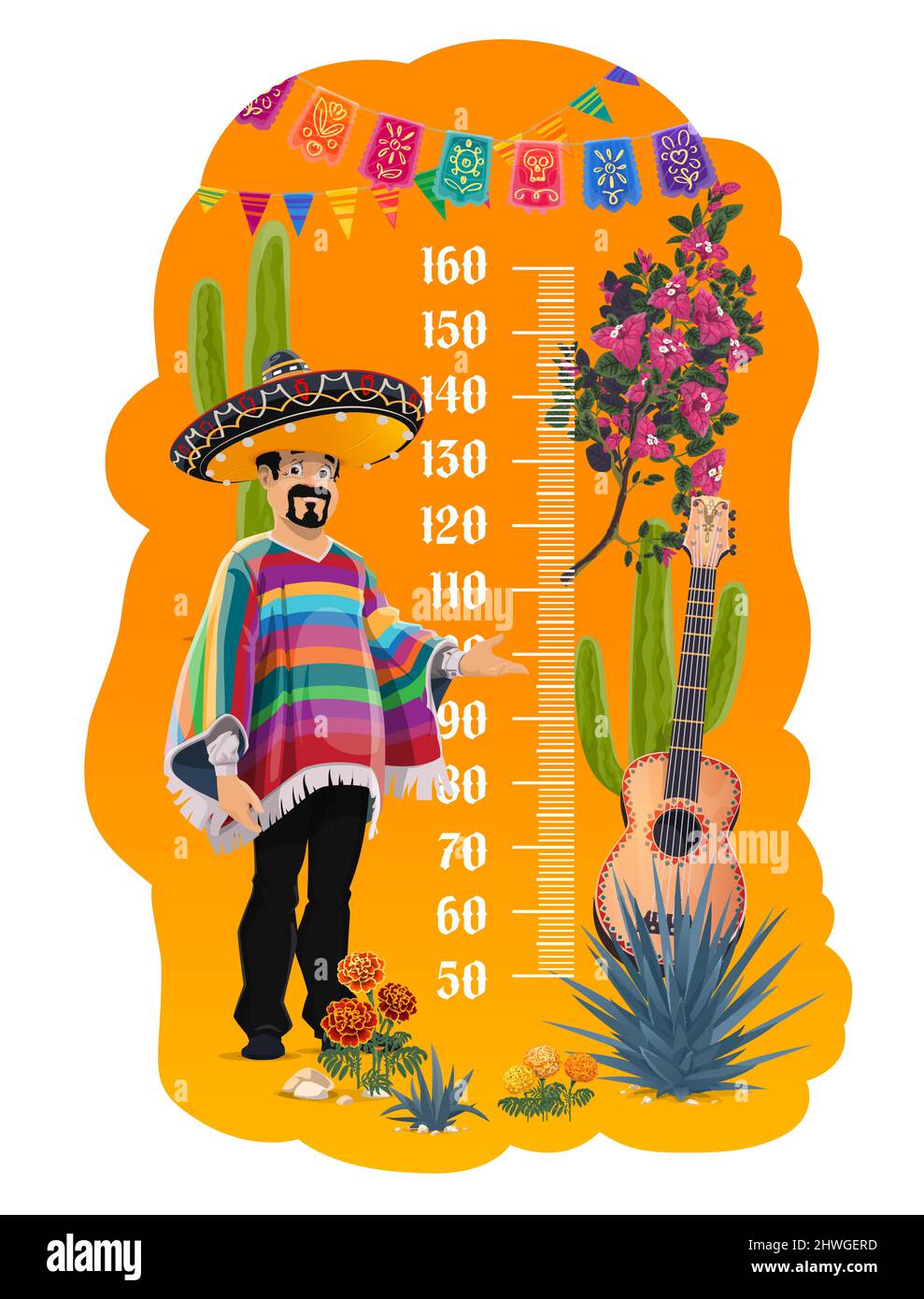 Kids height chart, growth meter. Mexican man with guitar. Vector ...