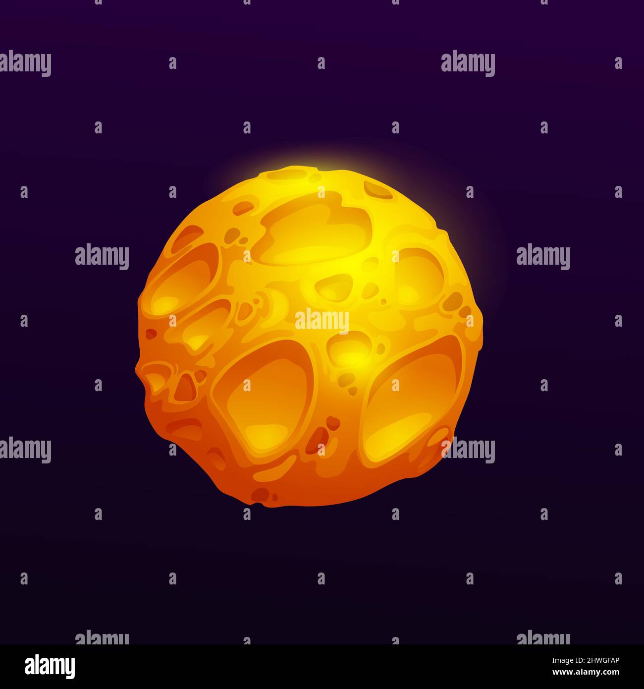 Yellow or golden cartoon space planet with craters. Astronomy galaxy ...