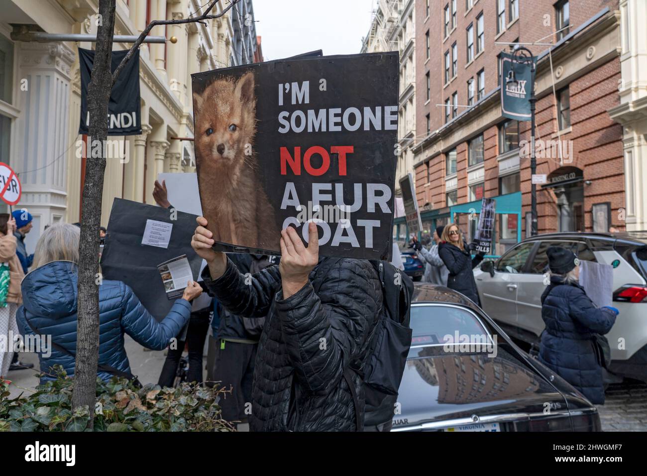 NEW YORK, NY - MARCH 05: Animal Rights Protesters holding signs protest ...