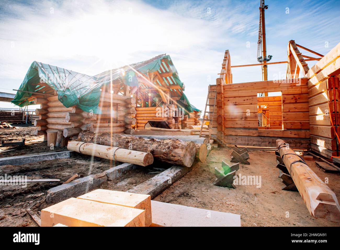 Timber building house construction log with blue sky sun light Stock ...