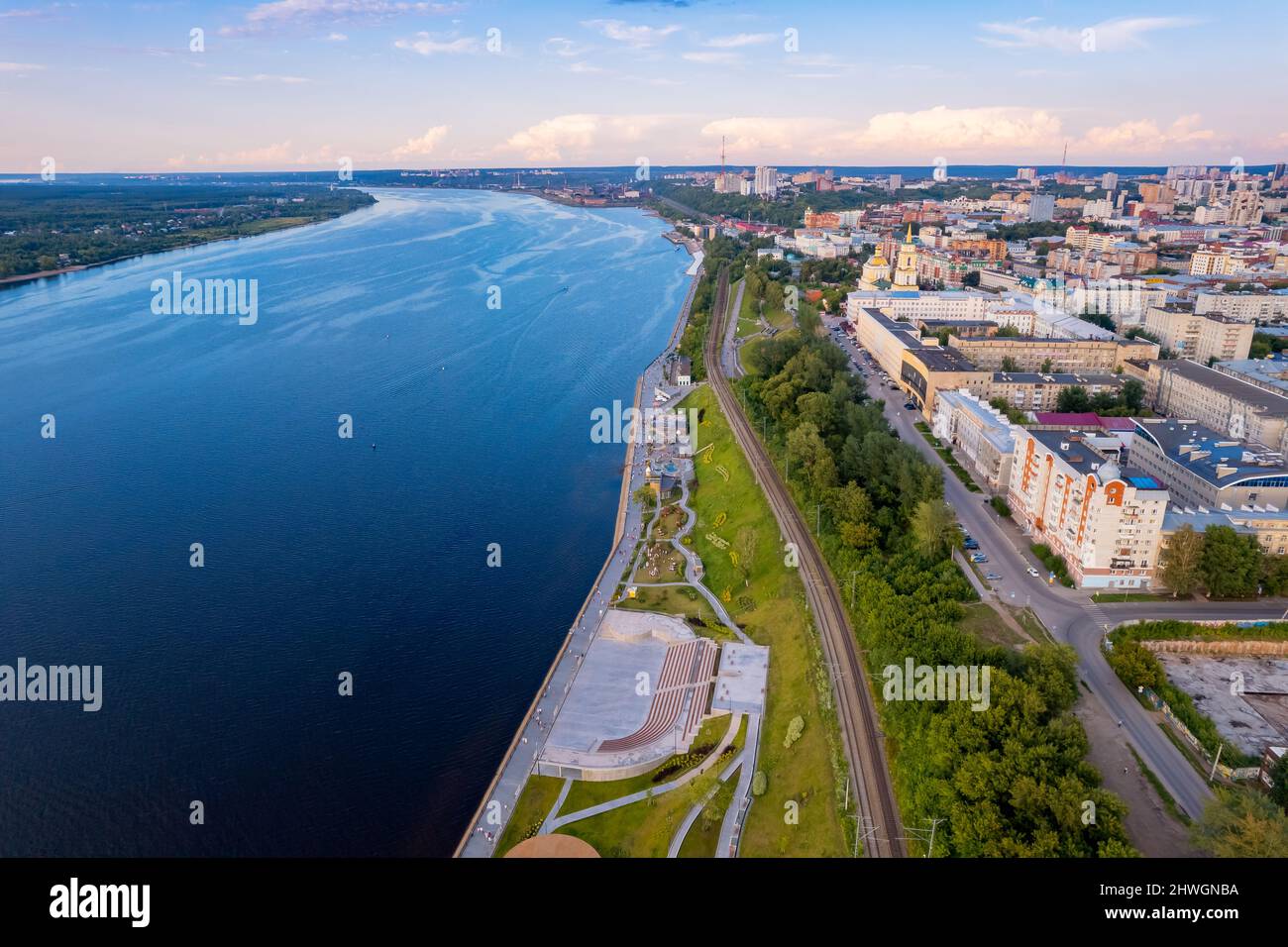 Aerial top view panorama city Perm and central embankment of Kama river ...