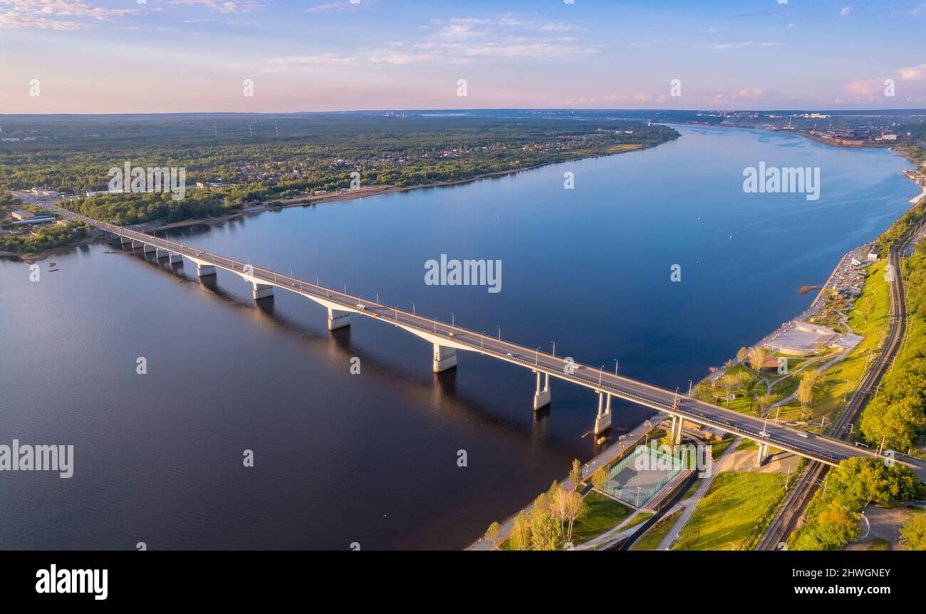 Aerial top view panorama city Perm and central embankment of Kama river ...