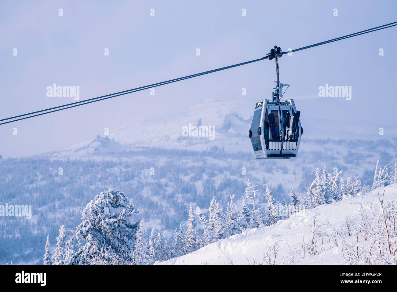 Landscape on mountain Sheregesh ski lift resort in winter sunset ...