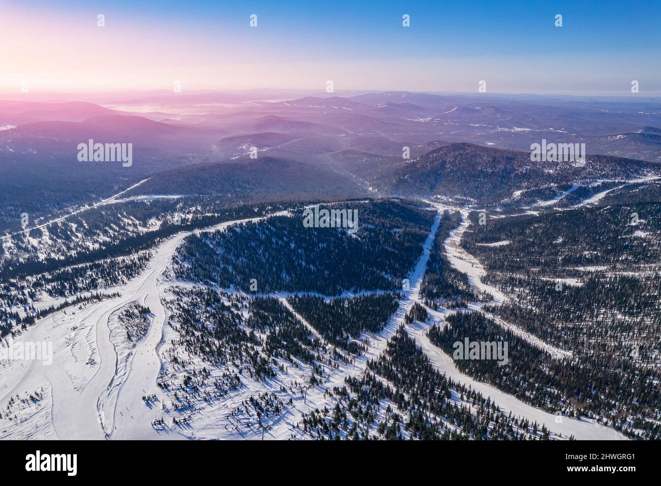 Aerial top view landscape Sheregesh ski lift resort winter, mountain ...