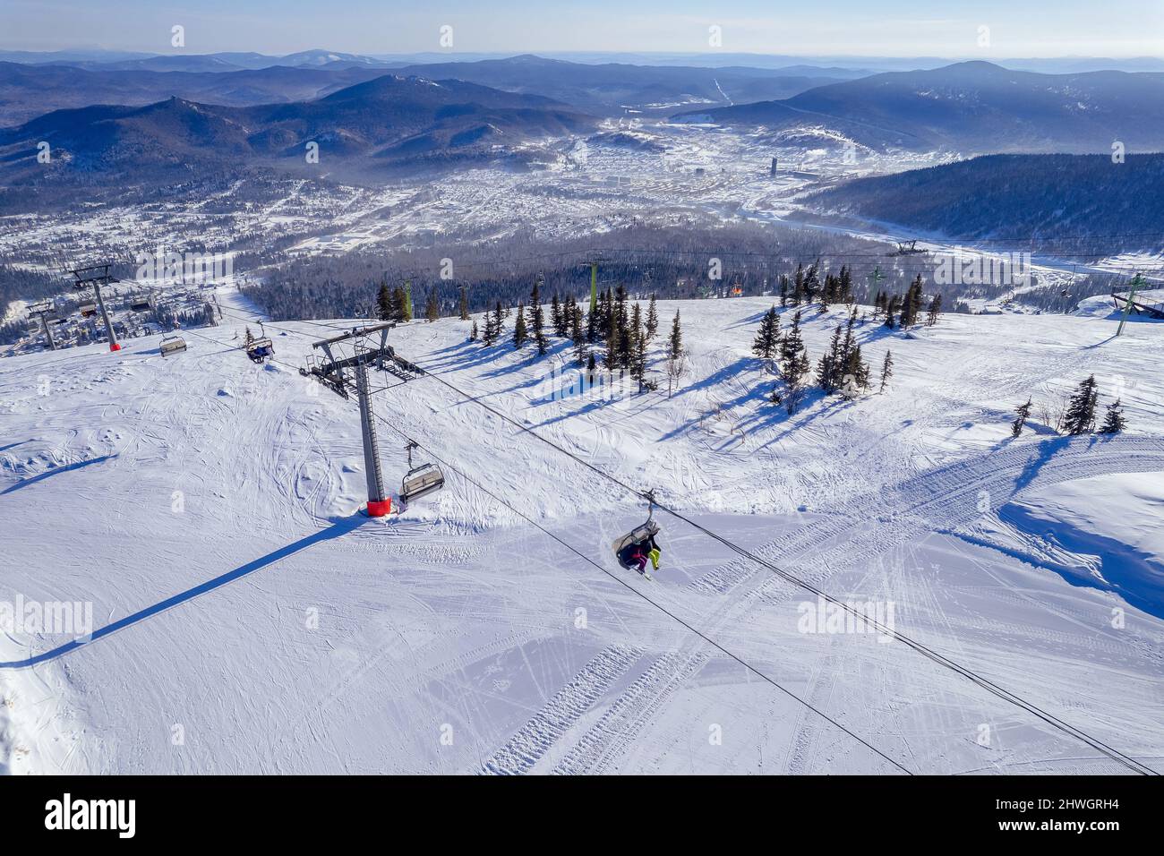 Sheregesh ski lift resort winter, landscape mountain and hotels, aerial ...