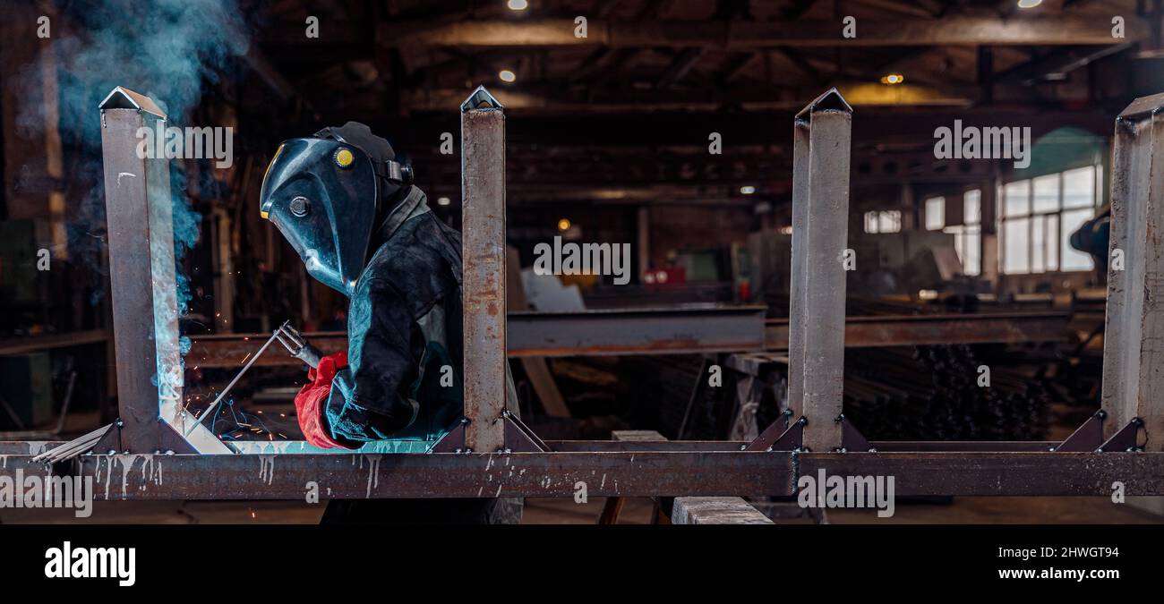 Industrial worker factory welding, banner Professional welder erecting ...