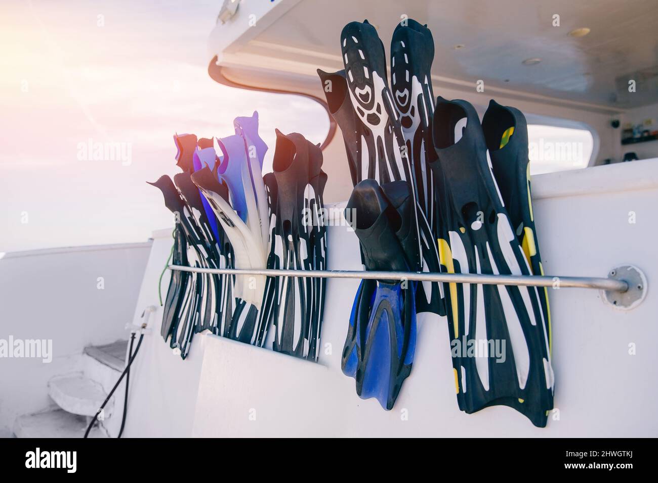 Closeup of flippers, Banner photo tour on boat snorkeling or diving ...