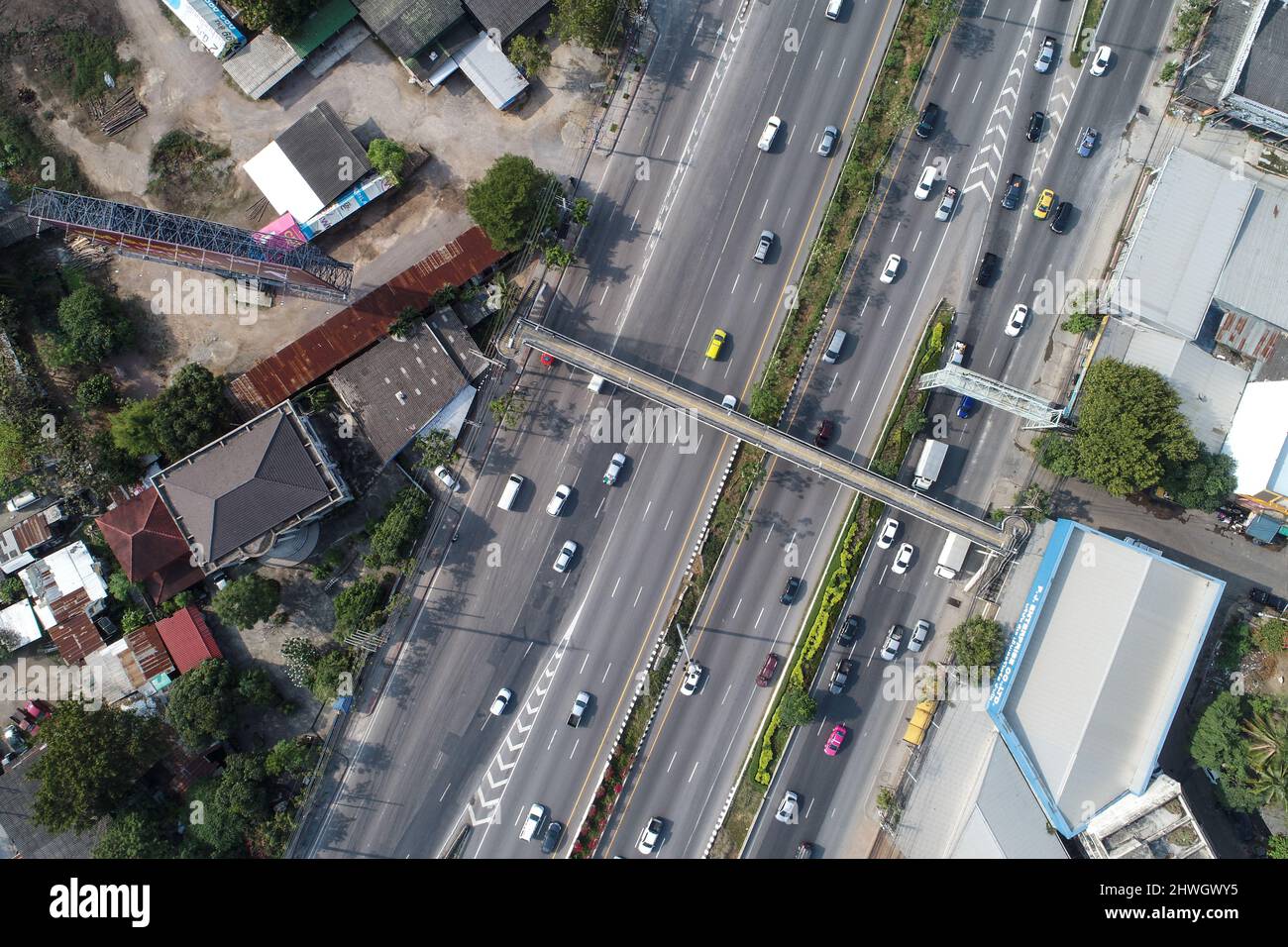 Aerial view city office building with road in city downtown, Transport ...