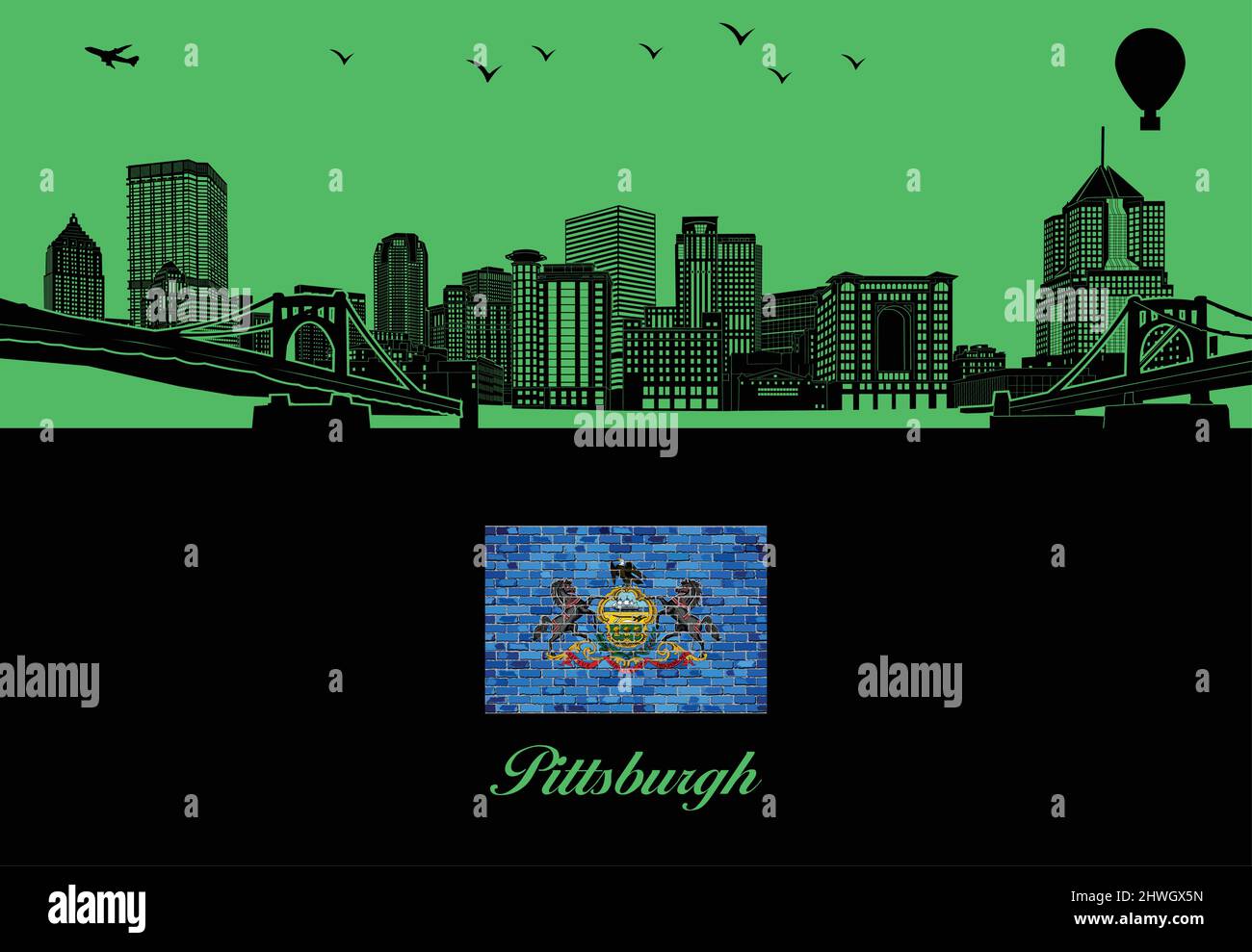 Pittsburgh city skyline silhouette - illustration, Town in yellow ...
