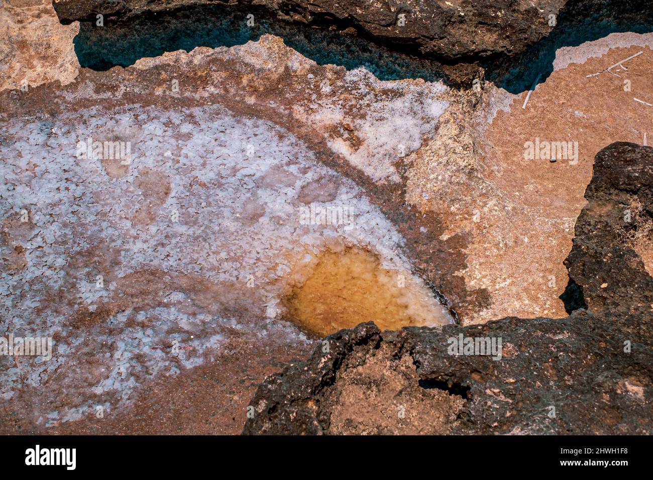 salt crystals on limestone rock, Blue Lagoon, Camino island, Malta ...