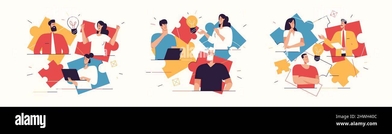 Vector illustrations depicting a group of happy young man finding an ...