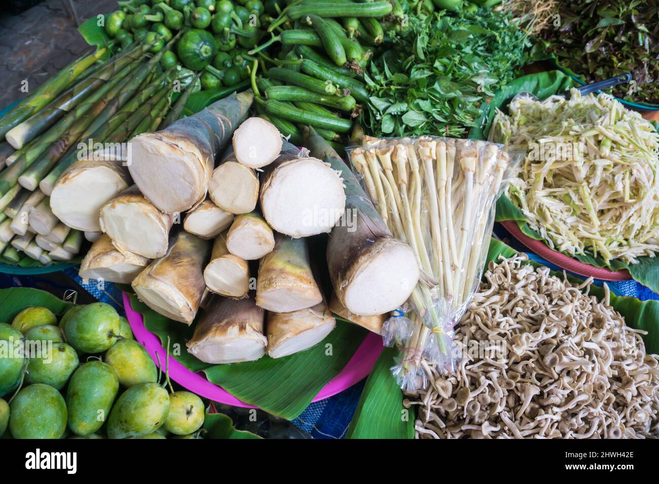 Colorful local Thai vegetable bucket sale in market, Thailand raw food ...