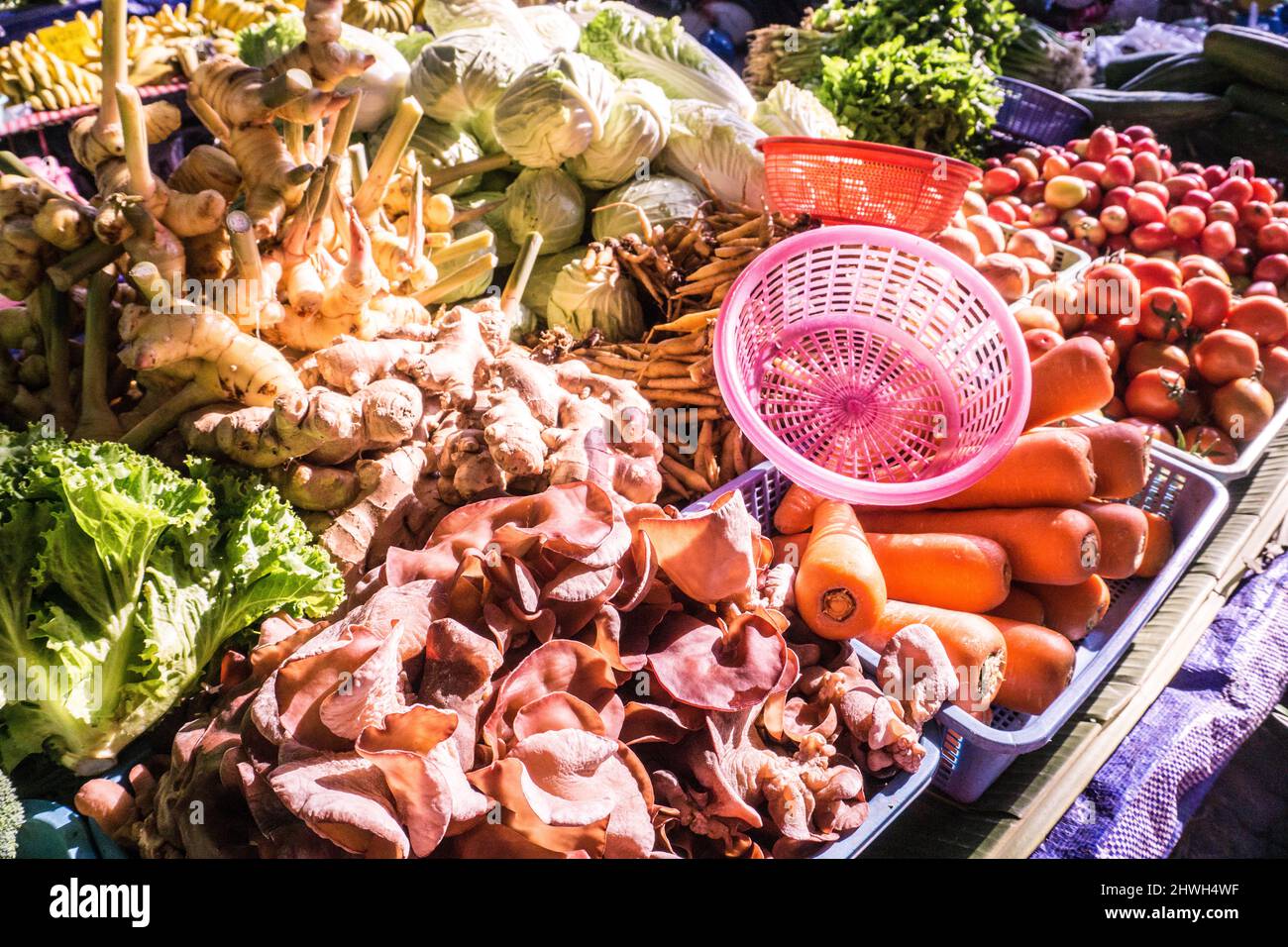 Colorful local Thai vegetable bucket sale in market, Thailand raw food ...