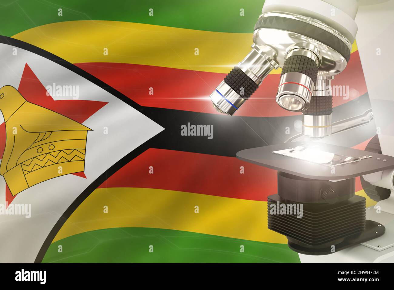 Zimbabwe science development concept - microscope on flag background ...
