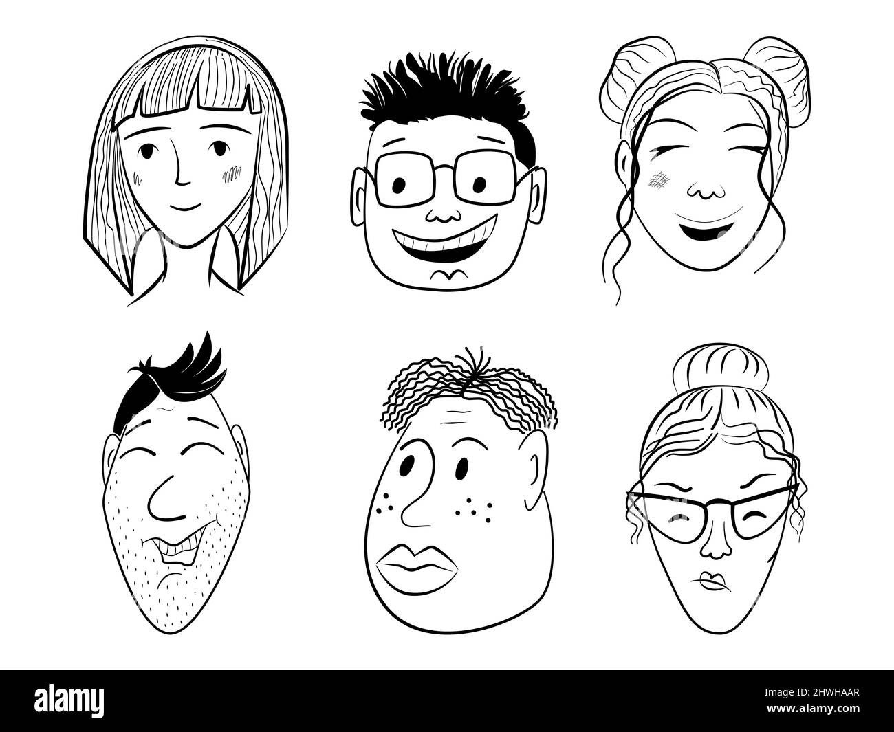 Doodle comic people faces vector set. Hand-drawn heads of women and men ...