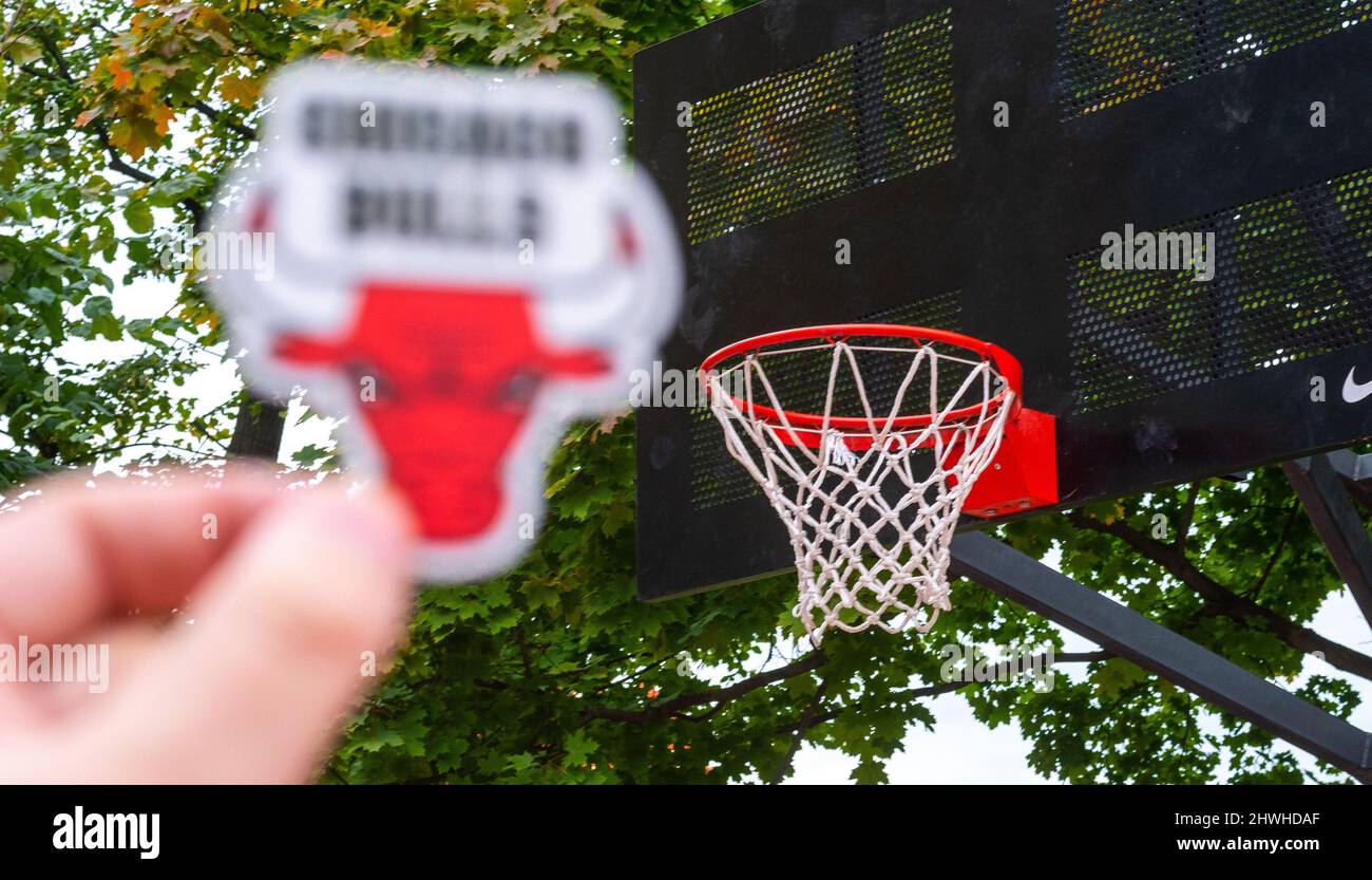 September 15, 2021, Chicago, USA, Basketball hoop on a sports field ...