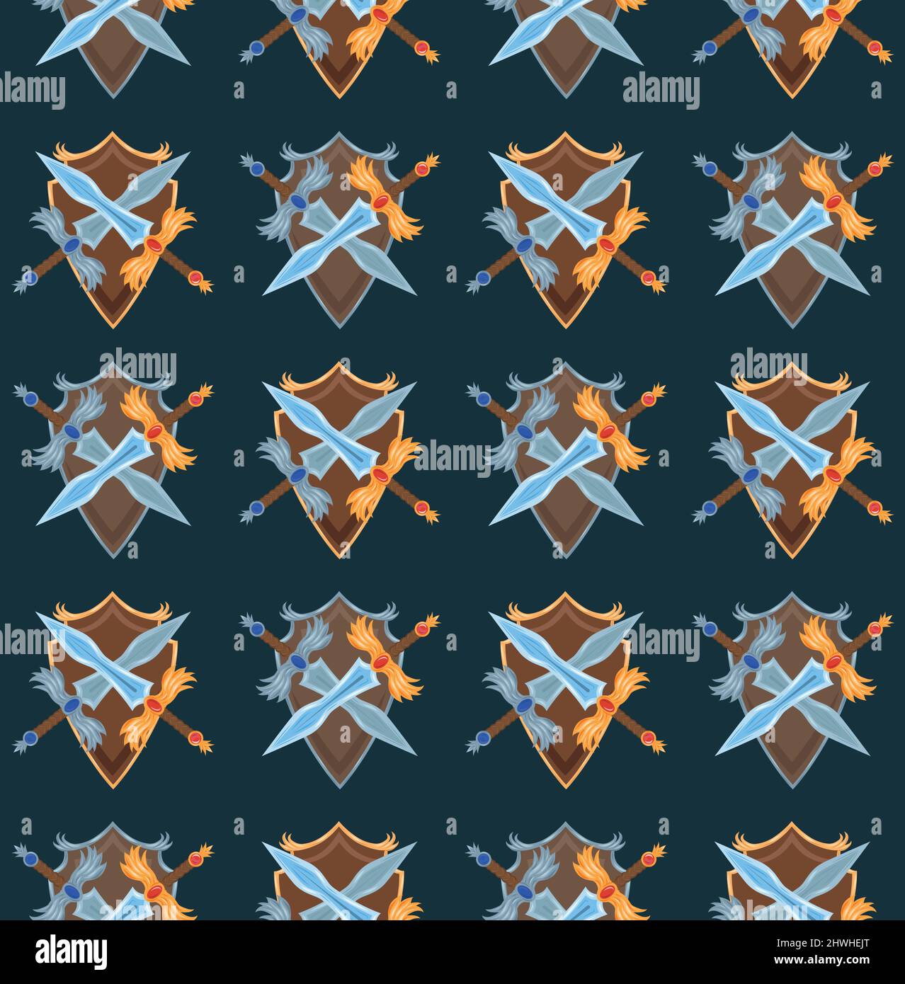 Vector seamless pattern with crossing cartoon swords and shields on ...