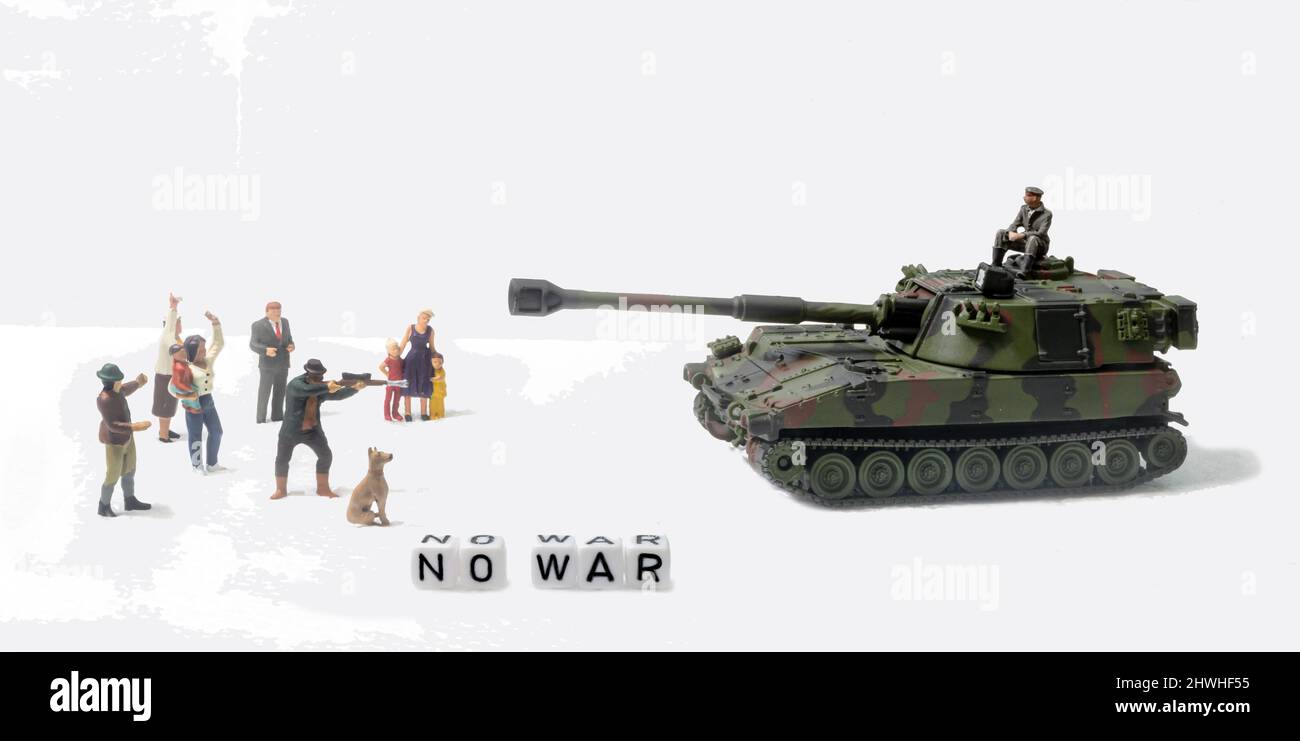 No War, miniature figurines stand in front of a tank and soldier, in an ...
