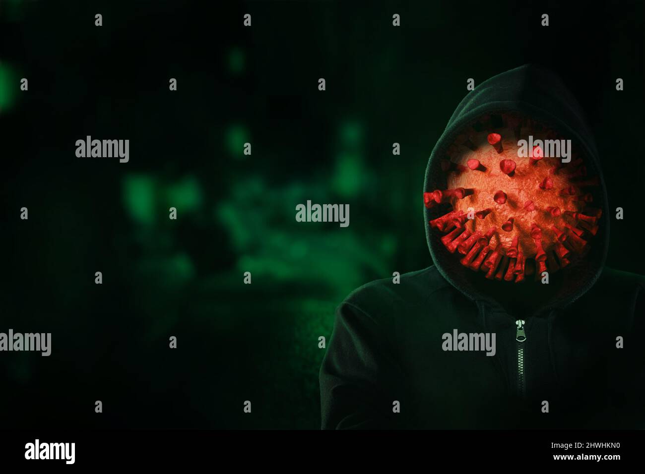 Conceptual virus carrier wearing hooded jacket. Invisible transmission ...