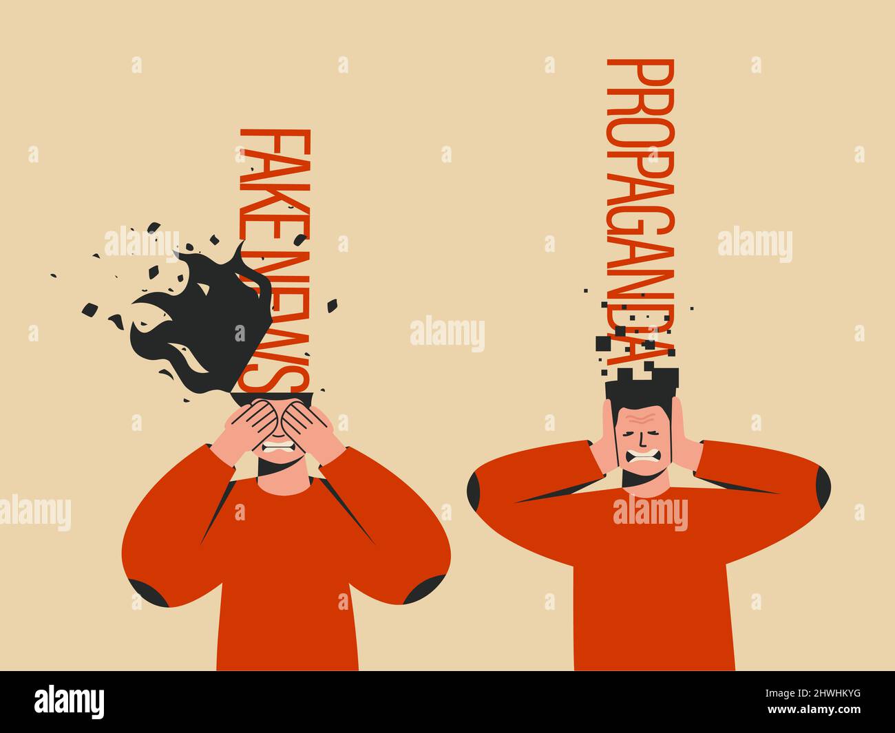 Fake news and propaganda concept. Man and Woman with closed eyes hands ...