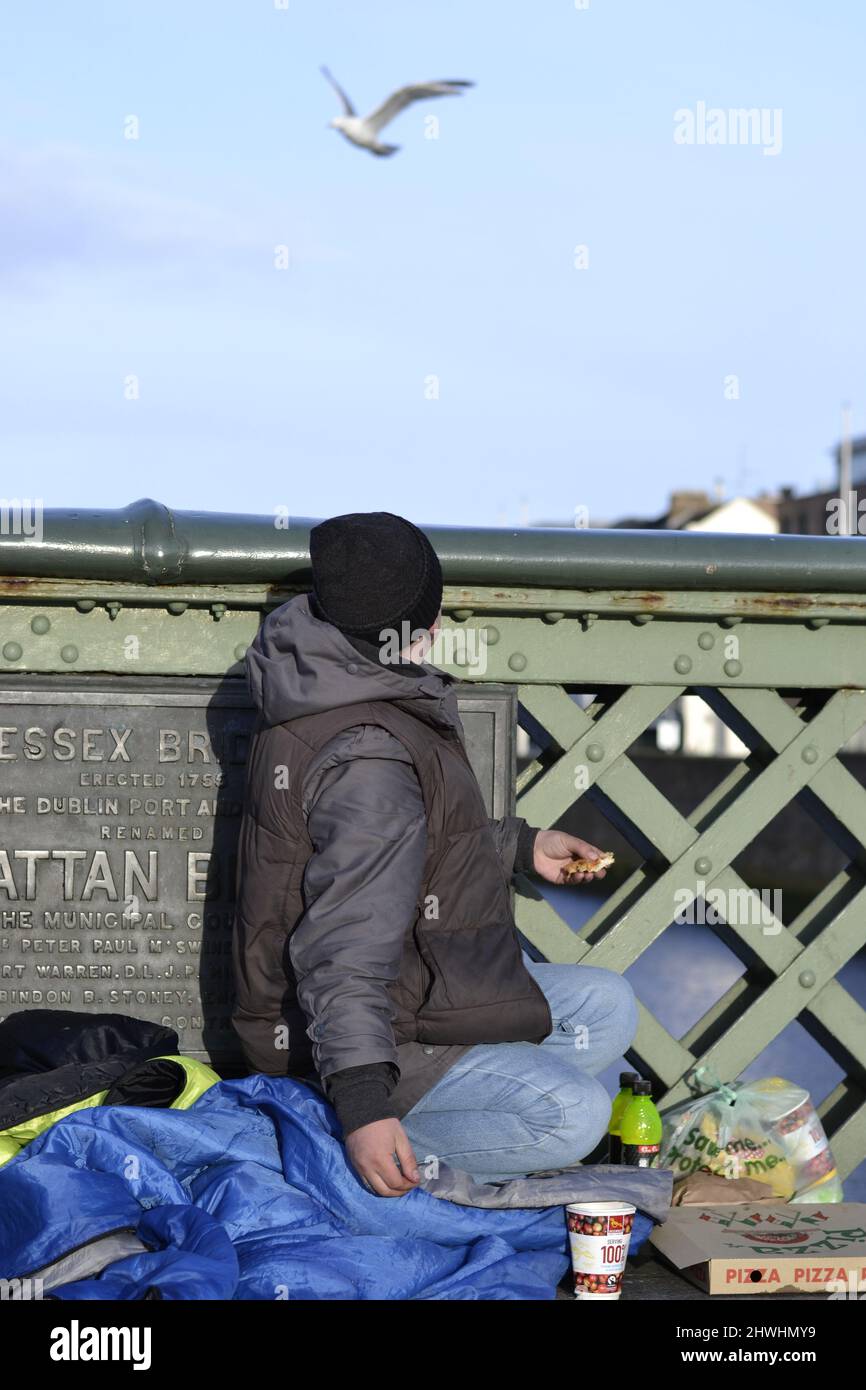 Homeless man on a bridge watching seagulls in Dublin, Ireland Stock ...