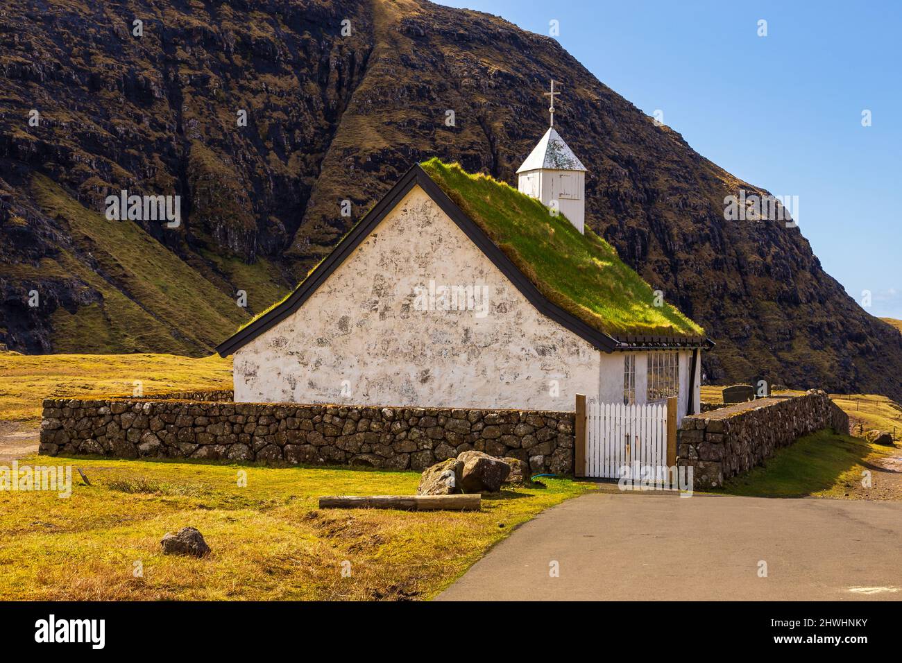 View of the Saksunar Church, Kirkja in small village on Streymoy island ...