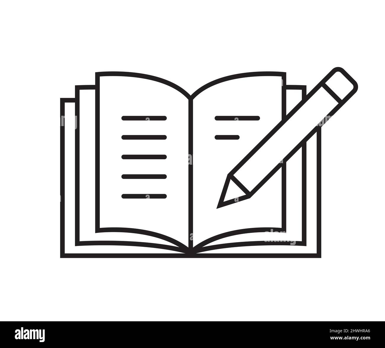 Book with pen or pencil, flat linear simple icon. Pictogram for reading ...