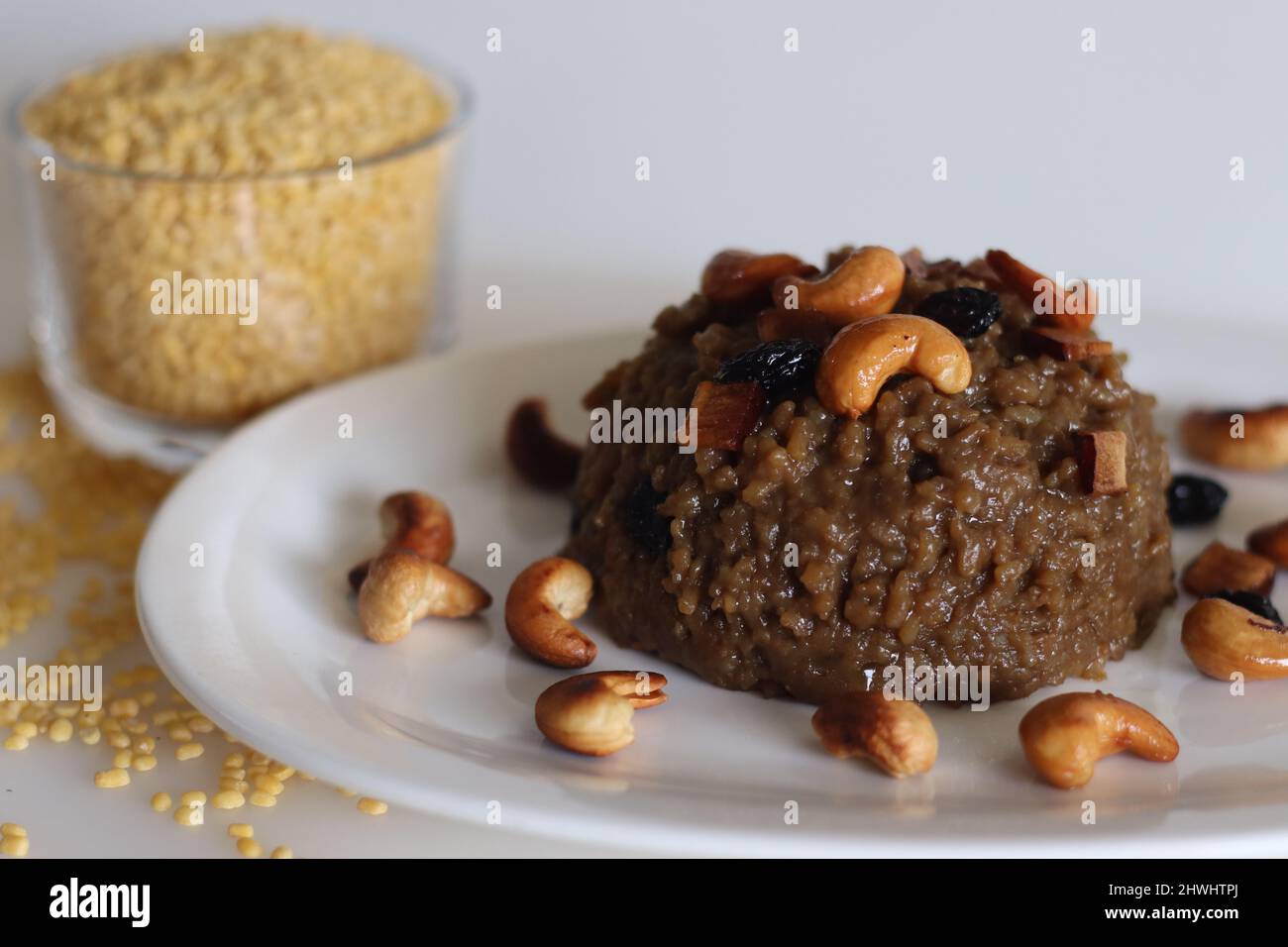 Sweet Pongal. An Indian sweet dish made of white rice and yellow moong ...