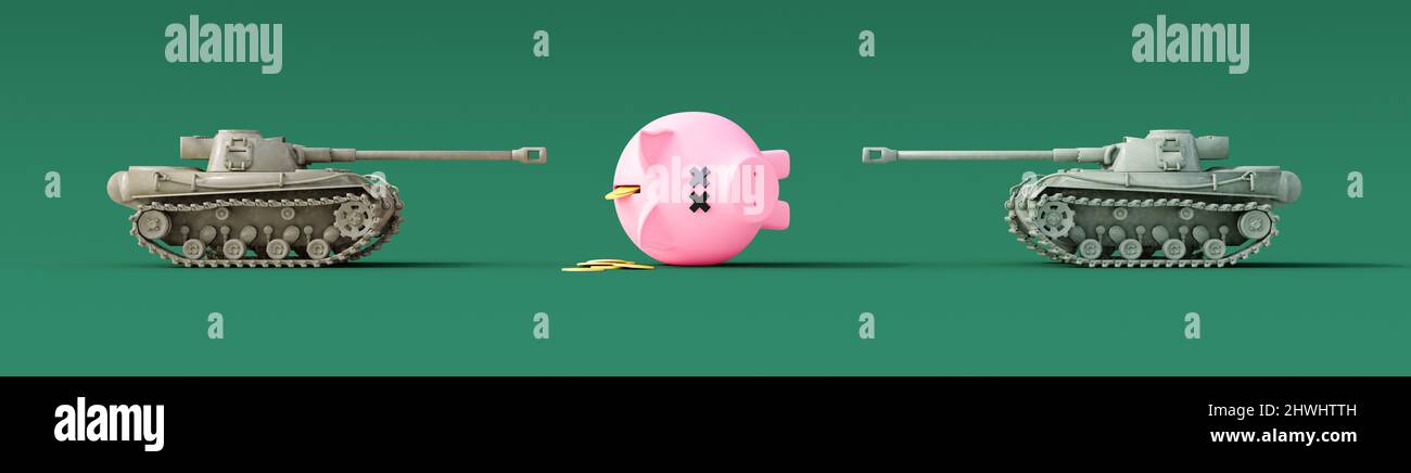 War escalation impact on economy 3d concept. Tipped over piggy bank ...