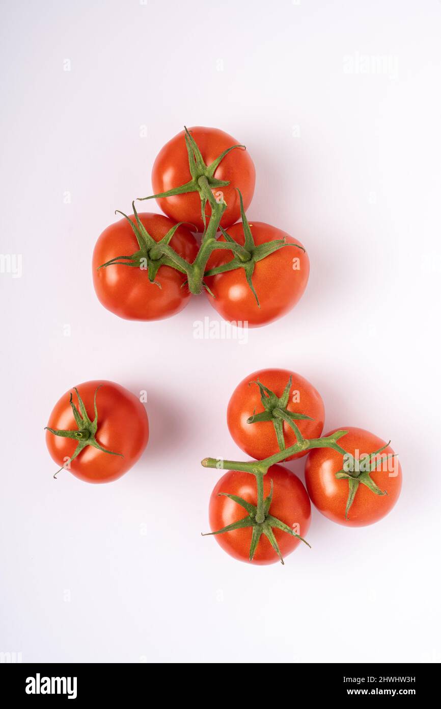Close-up of fresh vine tomatoes on white background from above Stock ...