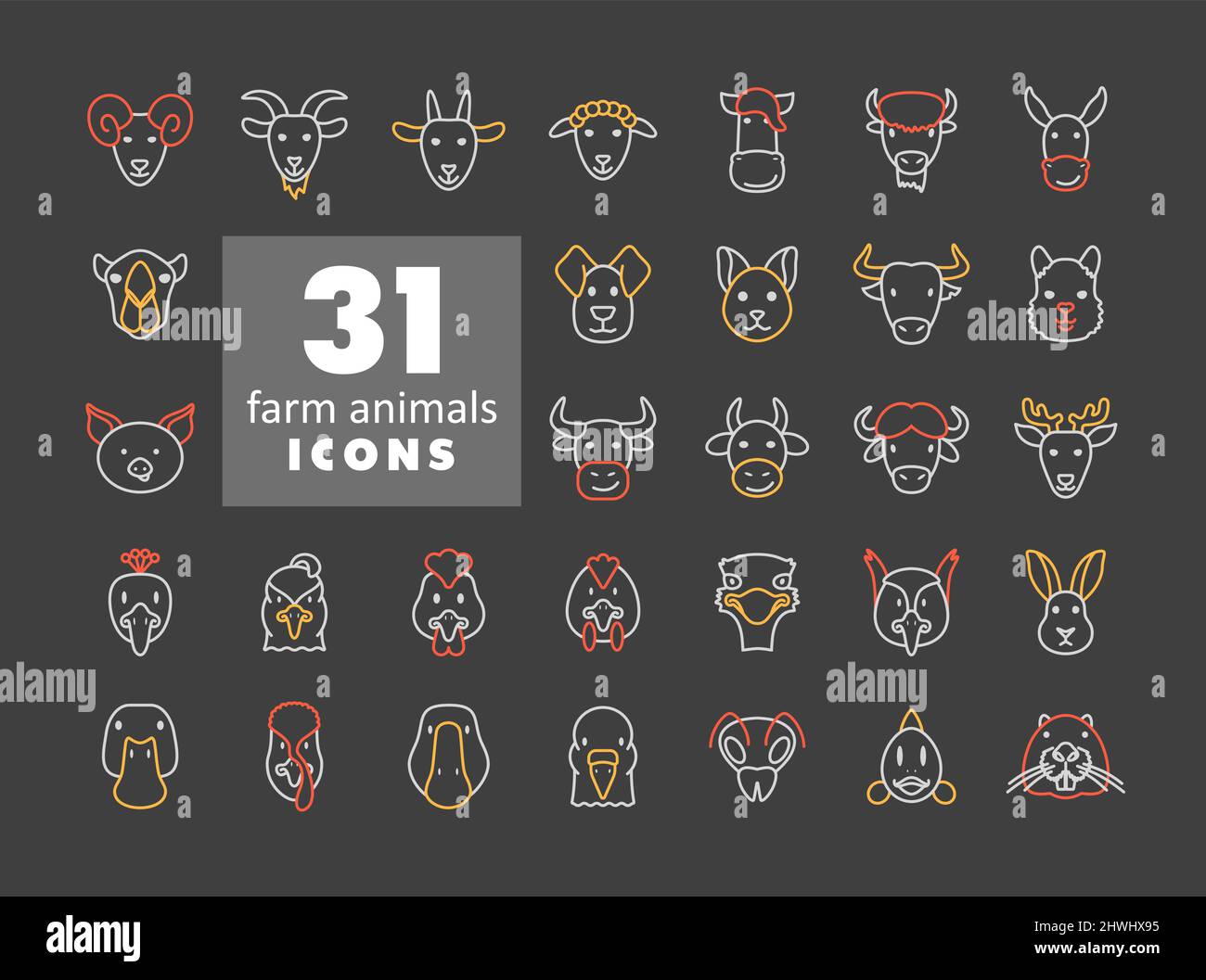 Farm animals icons set. Vector head illustration. Agriculture sign ...