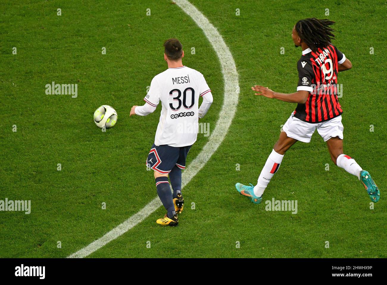 Lionel Messi on the field at the match: Nice vs PSG in Nice, France, on ...