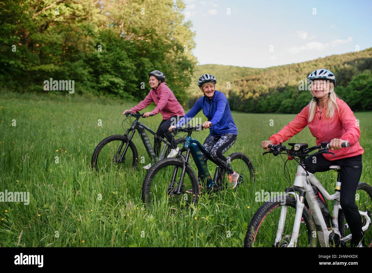 Happy active senior women friends cycling together outdoors in nature ...