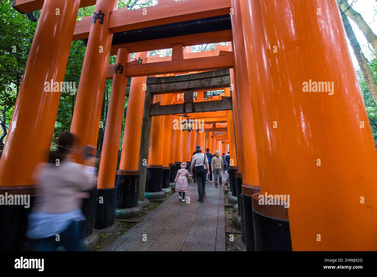 Red tori gate pathway in Fushimi inari shrine of Kyoto, Japan Stock ...