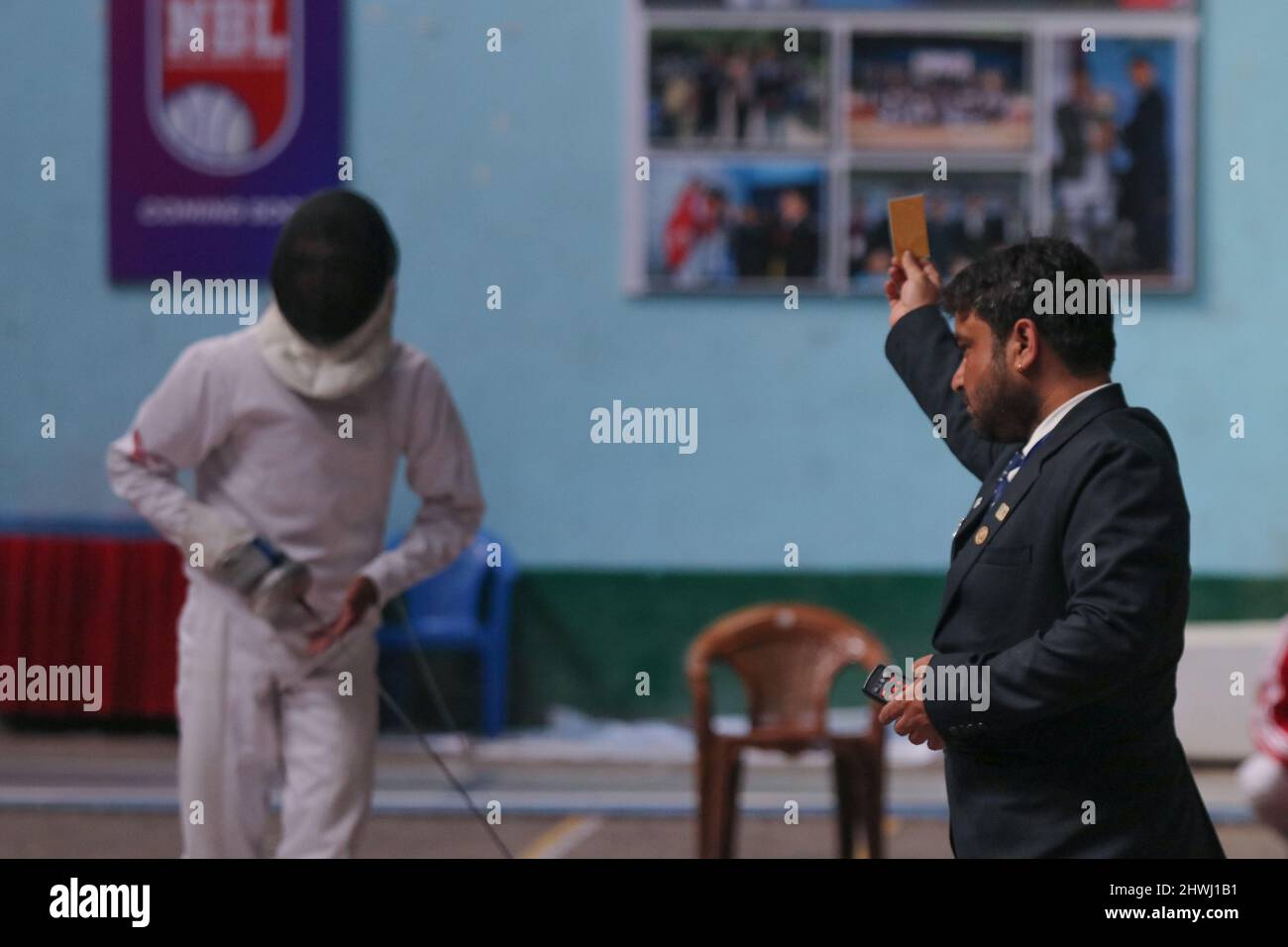 On March 6, 2022 in Kathmandu, Nepal. A fencer get yellow card during ...