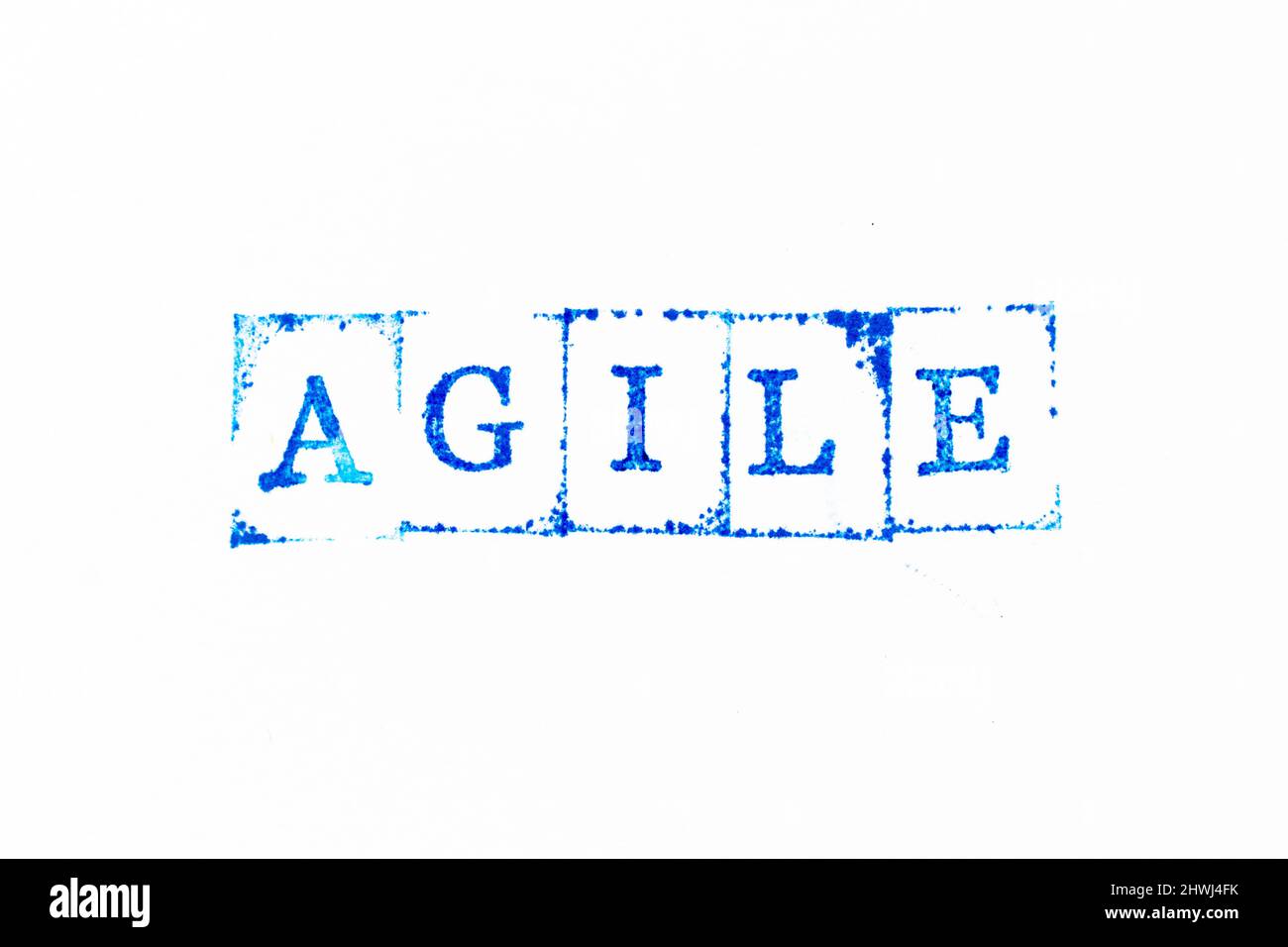 Blue color ink rubber stamp in word agile on white paper background ...