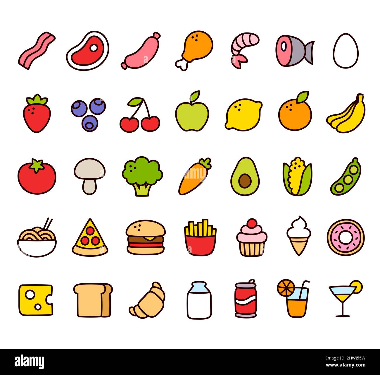 Cartoon hand drawn doodle style food icons. Fruits and vegetables, meat ...