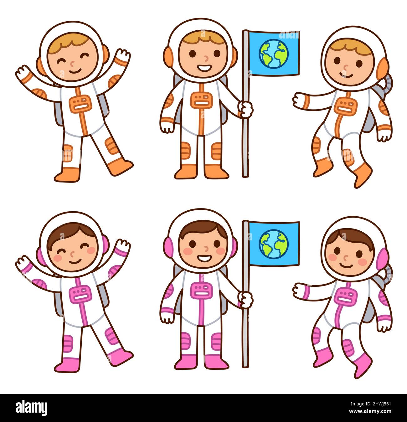 Cute cartoon astronaut children set. Little boy and girl in different ...