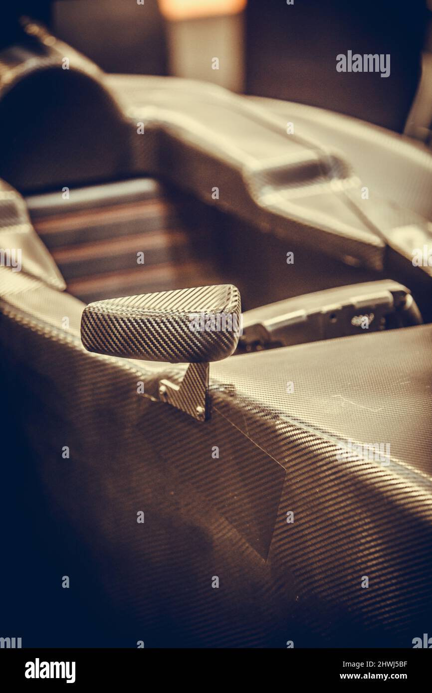 Close-up view of a carbon fiber side mirror on a prototype Formula One ...