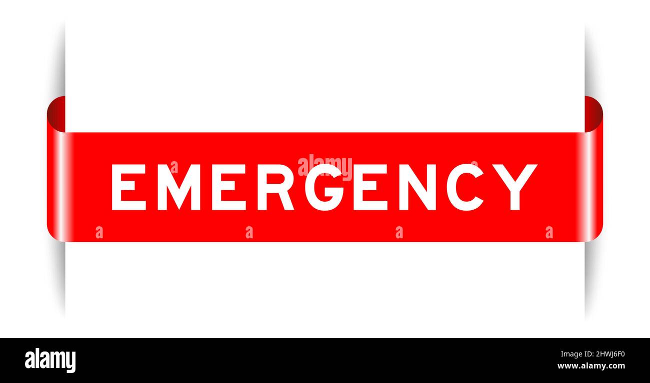 Red color inserted label banner with word emergency on white background ...