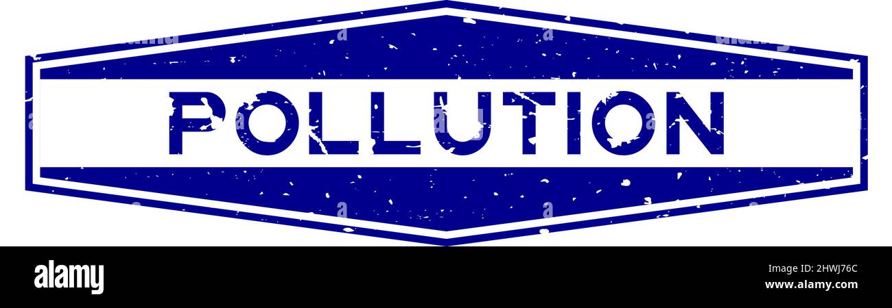 Grunge blue pollution word hexagon rubber seal stamp on white ...
