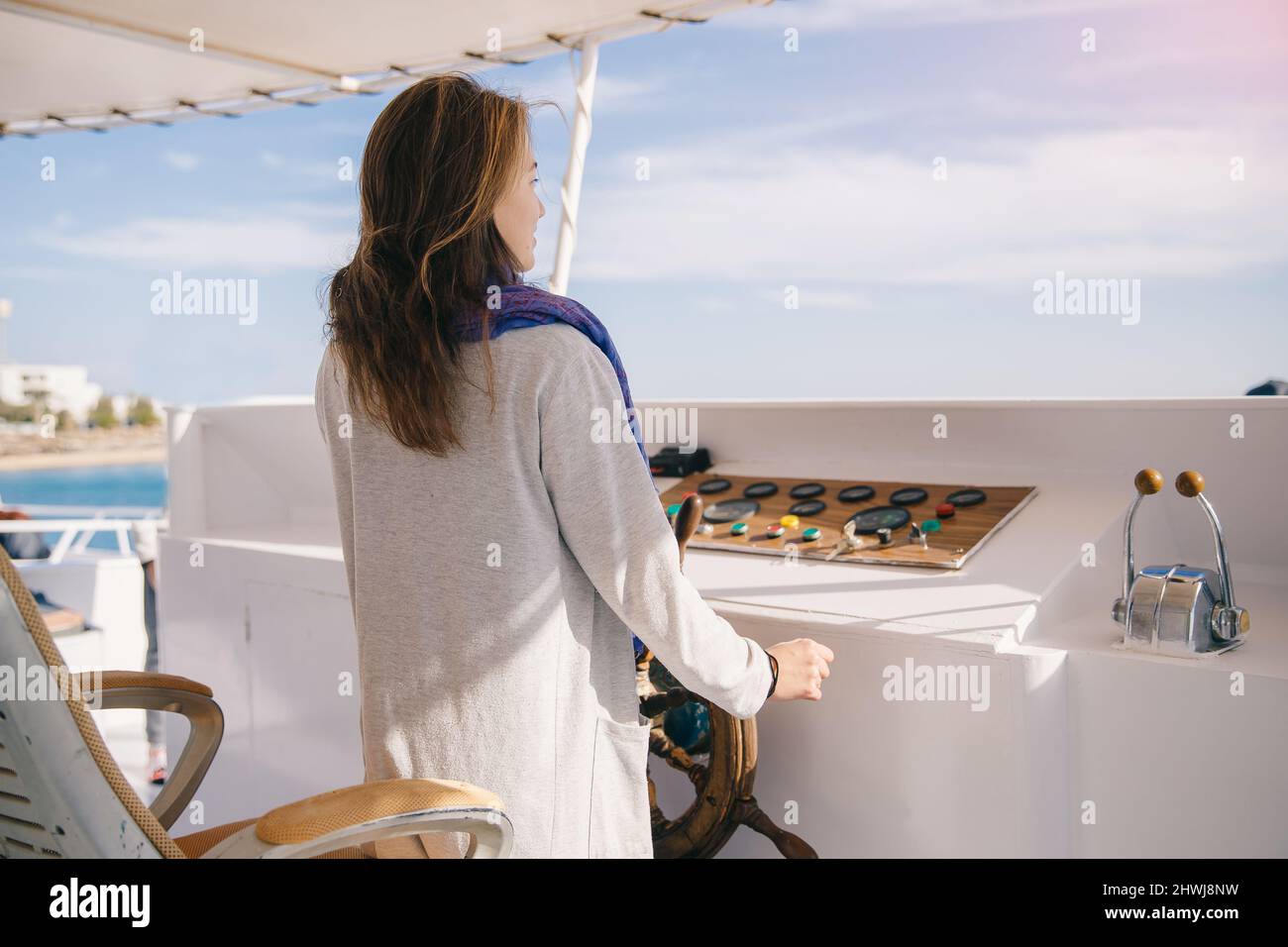 Tourist young woman yacht driver, concept of trip maldives or egypt by ...