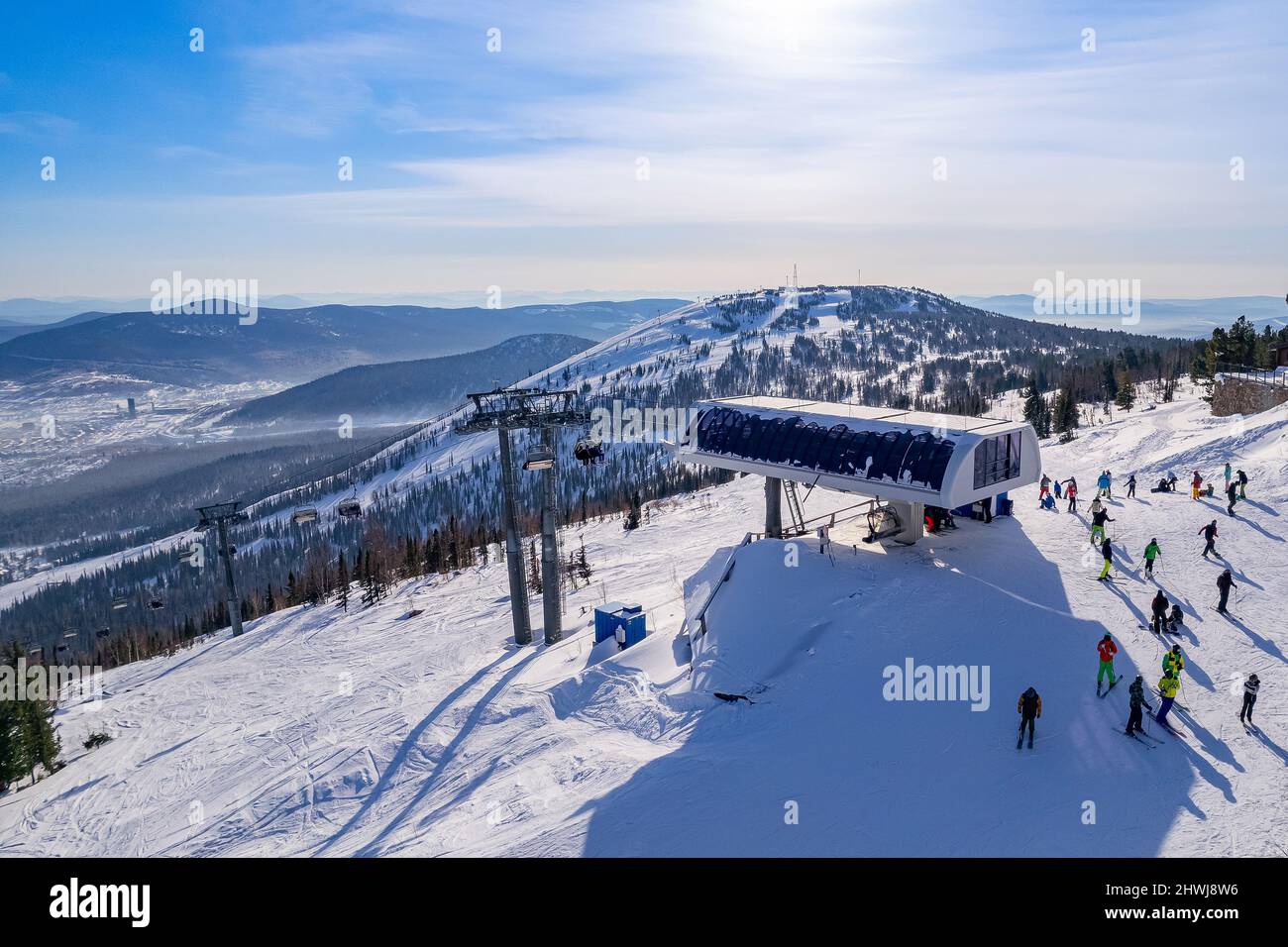 Aerial top view Sheregesh ski lift resort winter, landscape mountain ...