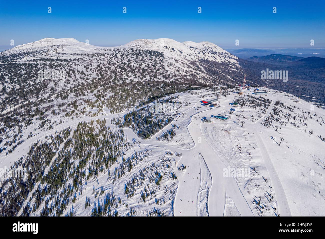 Aerial top view landscape Sheregesh ski lift resort winter, mountain ...